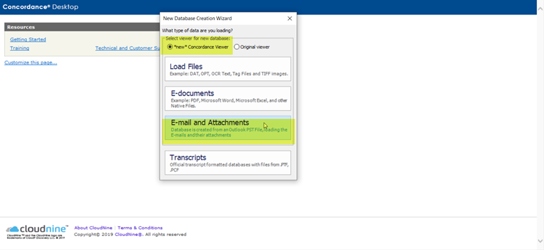 How do I create an email database in Concordance Desktop?
